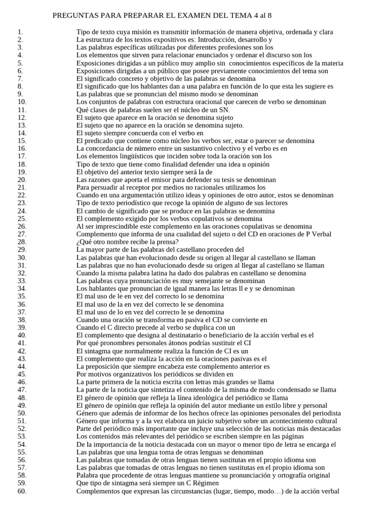 PREGUNTAS PARA PREPARAR EL EXAMEN DEL TEMA 4 Al 8 | PDF | Asunto (gramática) | Verbo