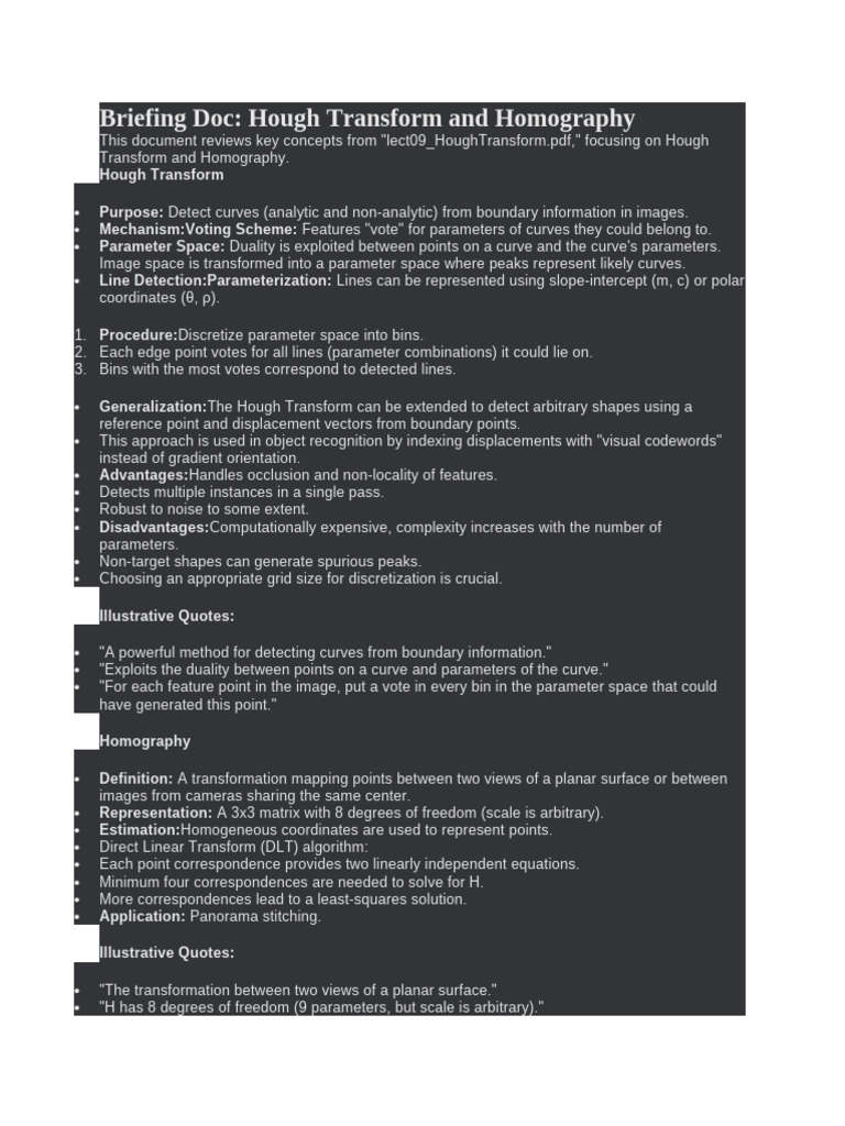 Briefing Doc: Hough Transform and Homography | PDF | Imaging | Digital Signal Processing