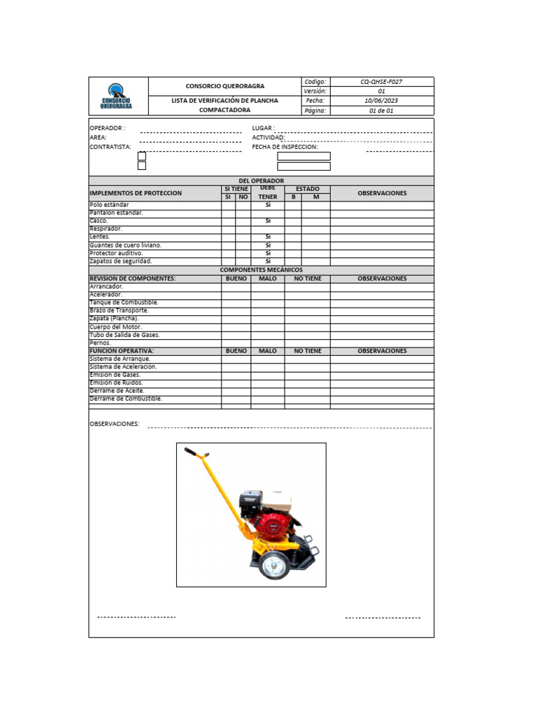 CQ-QHSE-F027 - Check - List - de - Plancha Compactadora | PDF