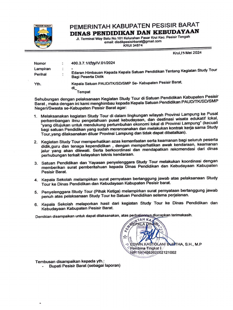 Edaran Himbauan KPD Kepala Satuan Pendidikan TTNG Study Tour | PDF