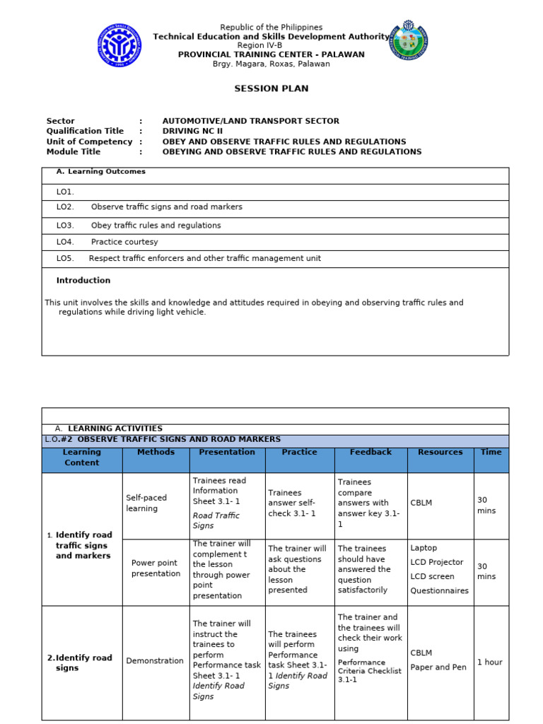 Coc3 Session Plan Obeying and Observing Traffic Rules and Regulations | PDF | Traffic