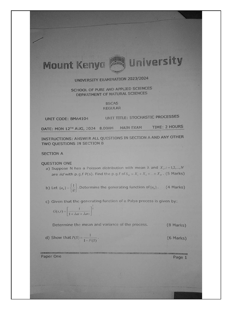 Stochastic Processes Past Papers-1 | PDF