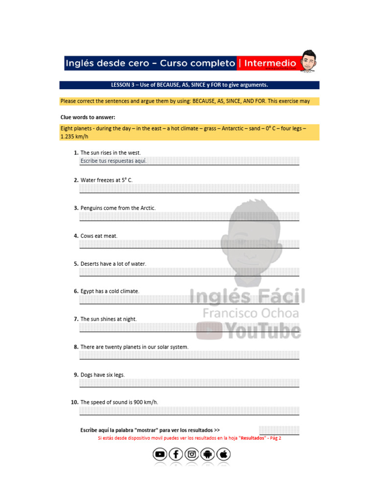 LESSON 3 - Use of BECAUSE, AS, SINCE y FOR To Give Arguments. | PDF