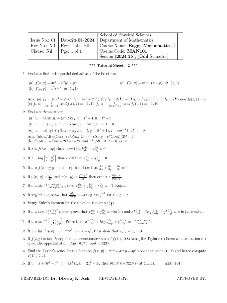 2024-25 Tute II (MAN101) - 240830 - 103100 | PDF | Calculus | Mathematical Objects