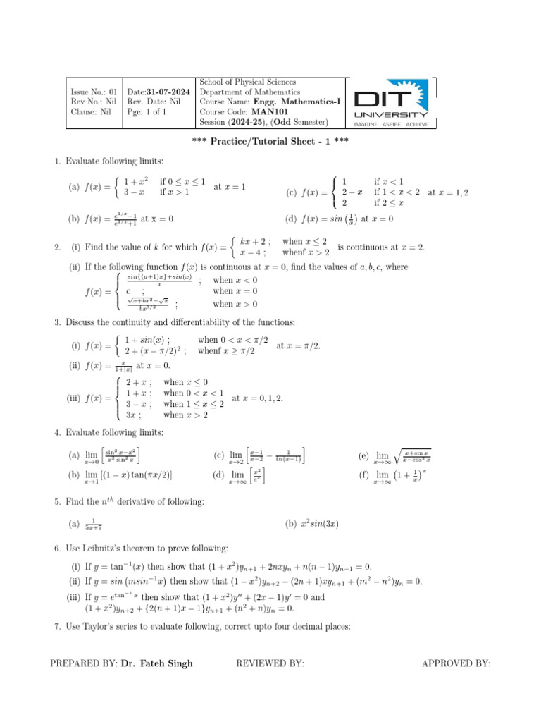 Engineering Math Practice Sheet | PDF | Mathematical Concepts | Calculus