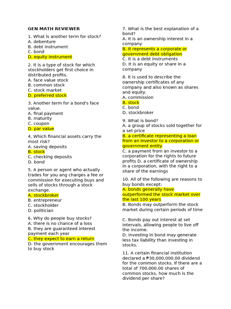 Gen Math Reviewer | PDF | Stocks | Bonds (Finance)