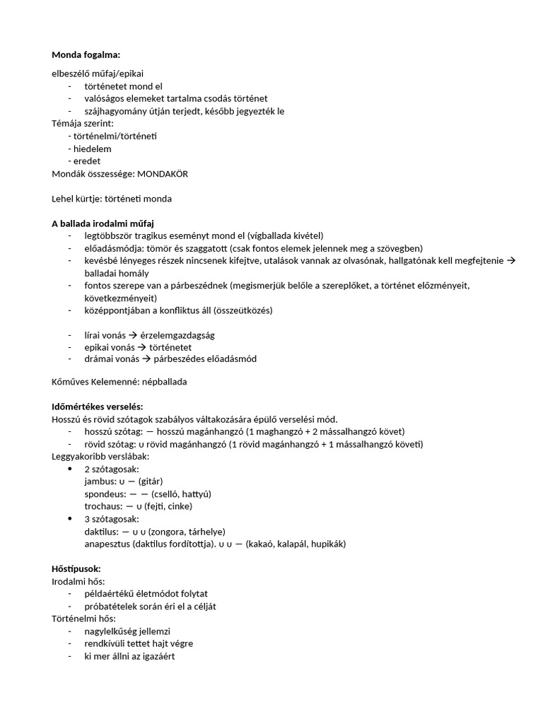 Összefoglalás-Mondák Balladák | PDF