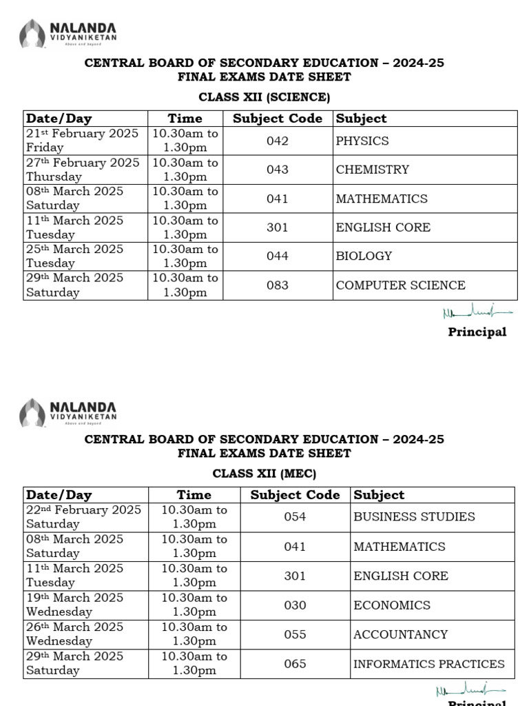 Final Exams Class Xii Datesheet Pdf