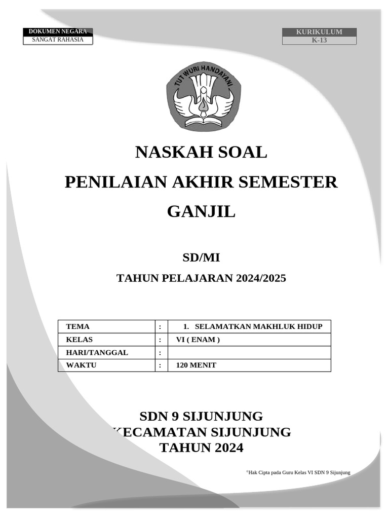 Lembar Soal Tema 1 SM 1 | PDF