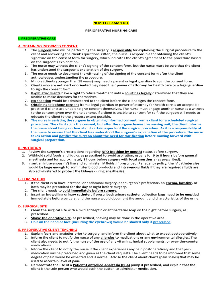 NCM112 Exam 1 Rle | PDF | Surgery | Perioperative