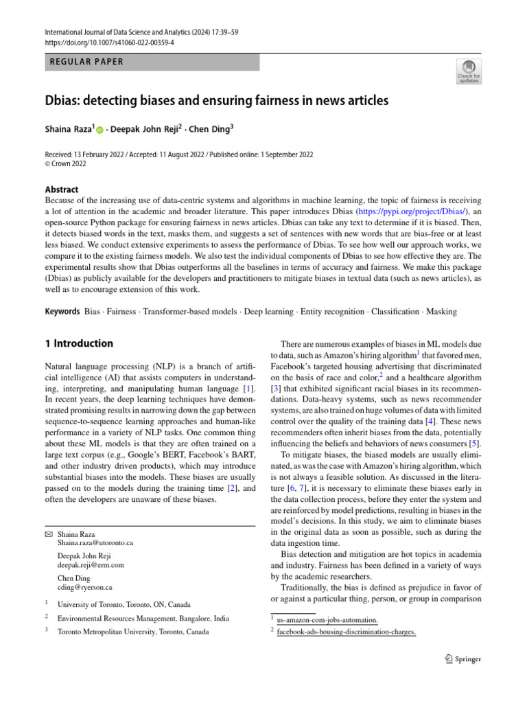 Dbias: Detecting Biases and Ensuring Fairness in News Articles | PDF | Machine Learning ...