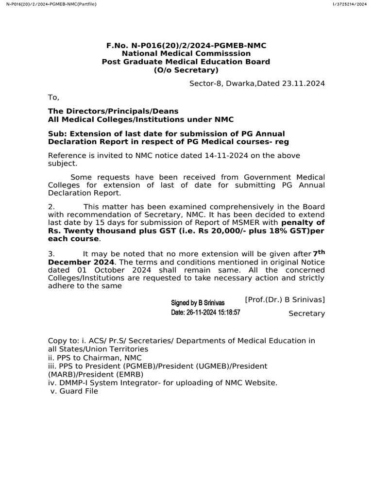 Extension of Last Date For Submission of PG Annual Declaration Report in Respect of PG Medical ...
