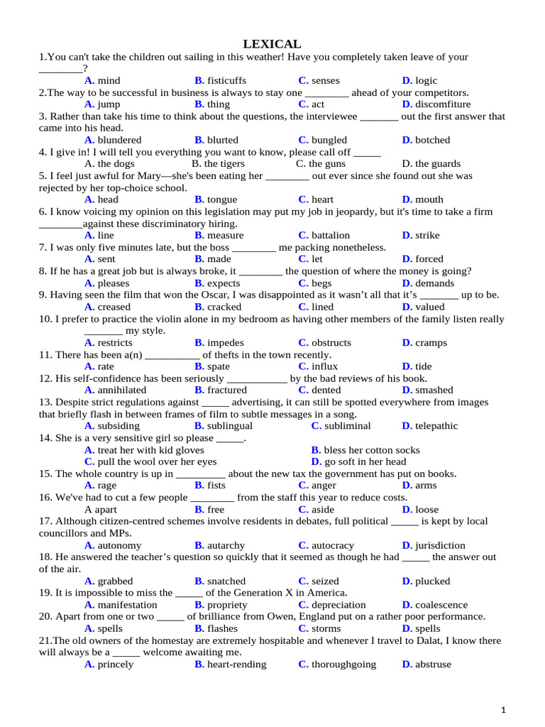 Lexical Quiz: Vocabulary Challenges | PDF