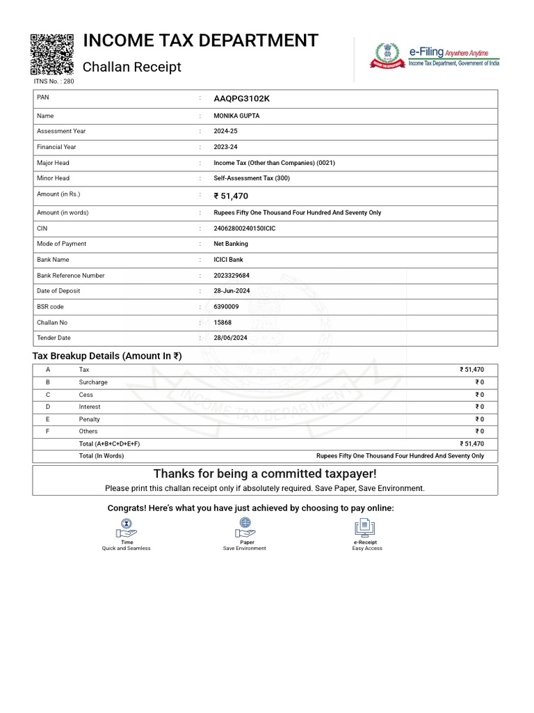 Income Tax Challan Receipt for 2024-25 | PDF | Taxes | Economies