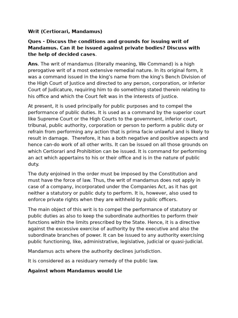Writ (Certiorari, Mandamus) | PDF | Mandamus | Writ