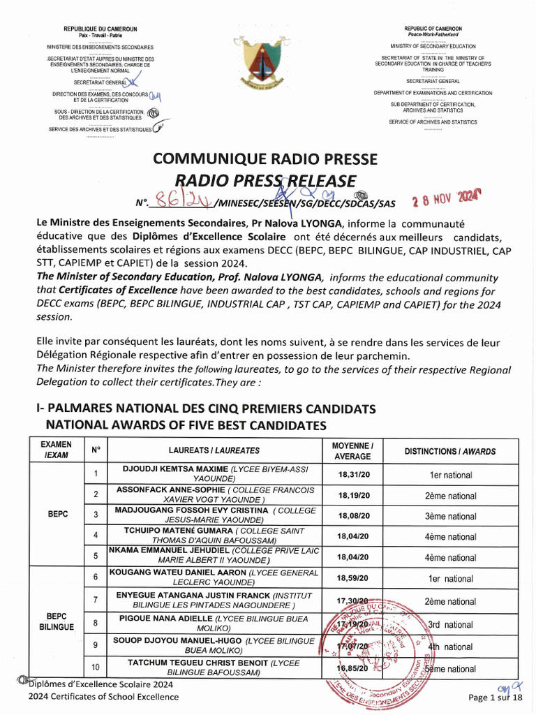 MINESEC Communiqué 1 | PDF