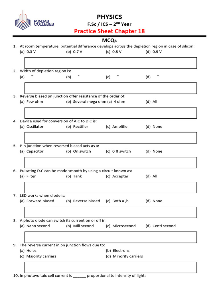 Physics Practice Sheet P-2-Ch.18 | PDF | P–N Junction | Bipolar ...
