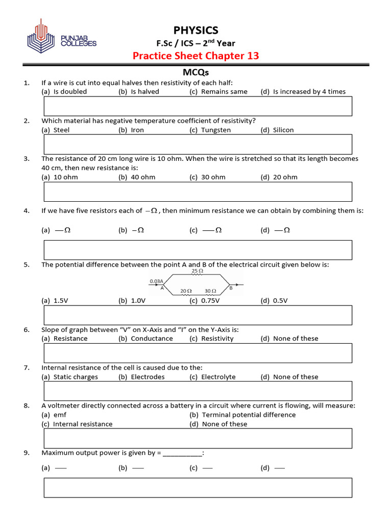 Physics Practice Sheet P-2-Ch.13 | PDF | Electrical Resistance And ...