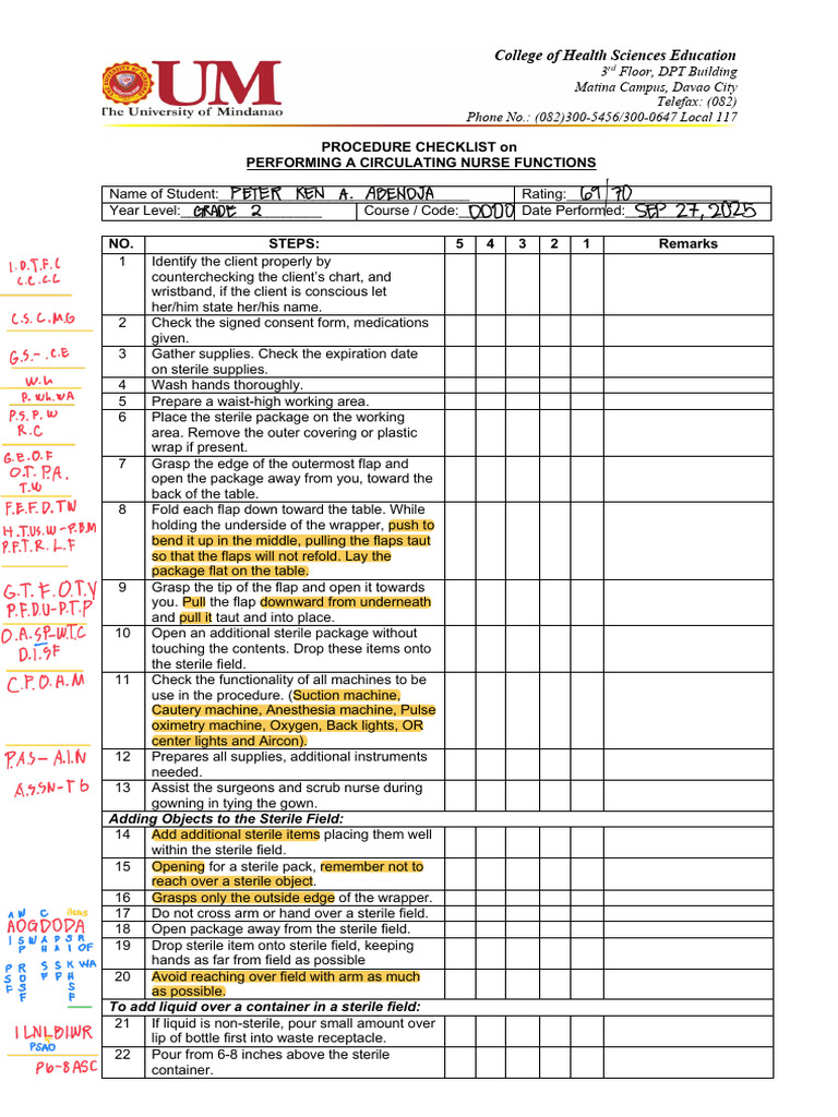 Procedure Checklist On Performing A Circulating Nurse Functions | PDF ...