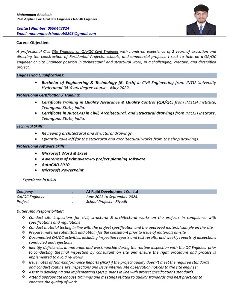 Shadaab Civil Site or QC Engineer CV | PDF | Quality Assurance ...