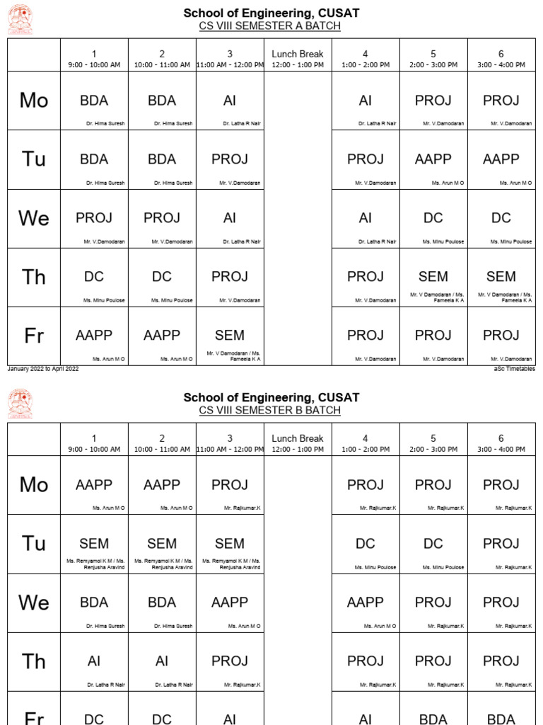 Timetable Jan 2022 Classwise S6 S8 Wef 04 04 2022 | PDF