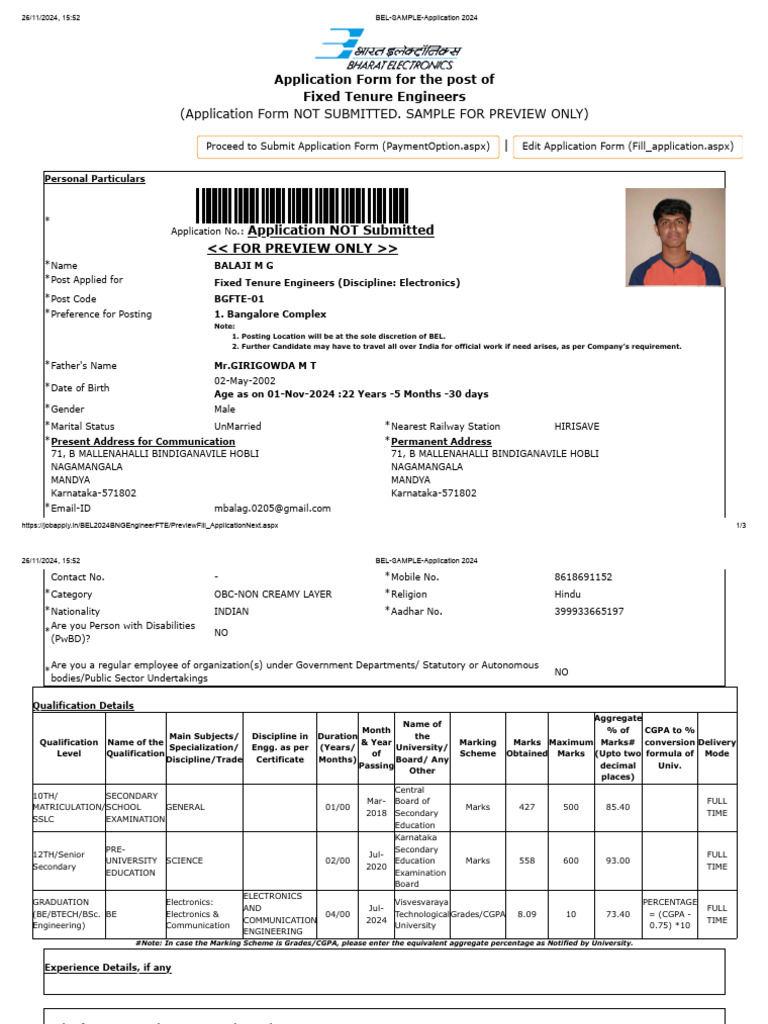 BEL SAMPLE Application 2024 | PDF