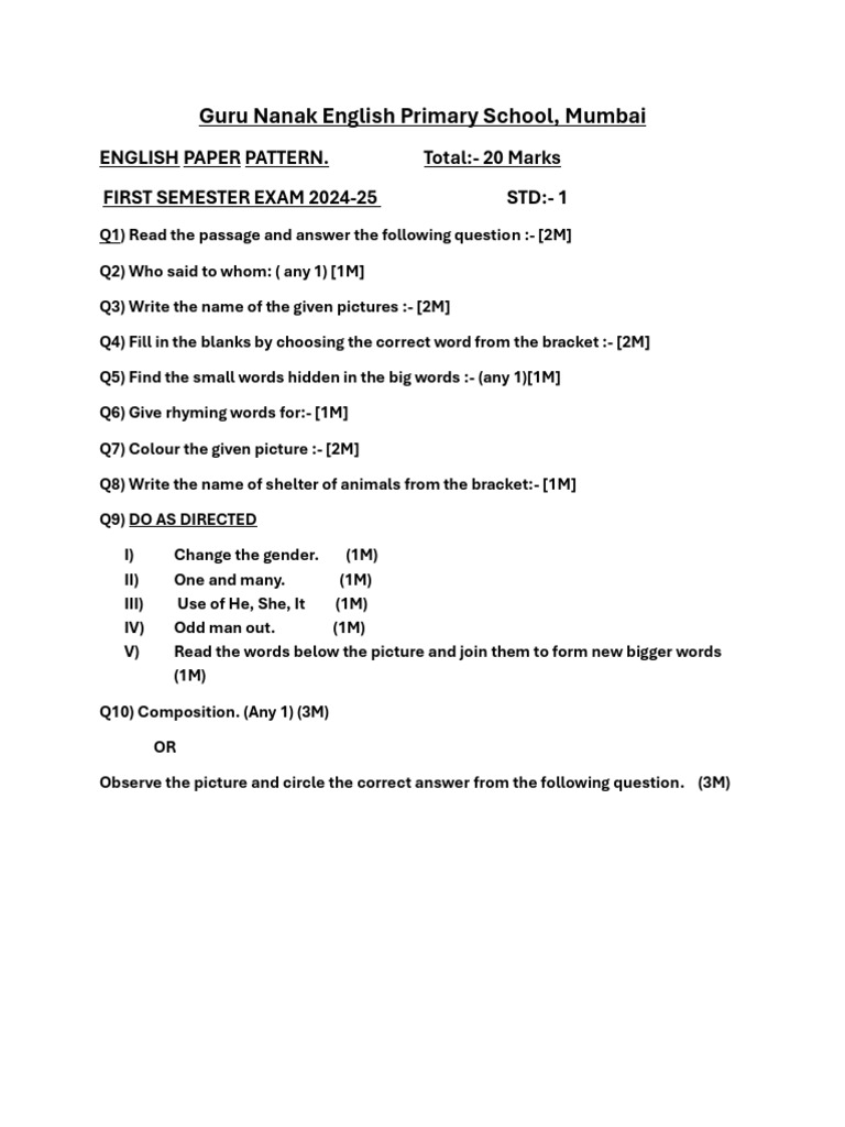 English Paper Pattern. First Semester 2024-2025 | PDF