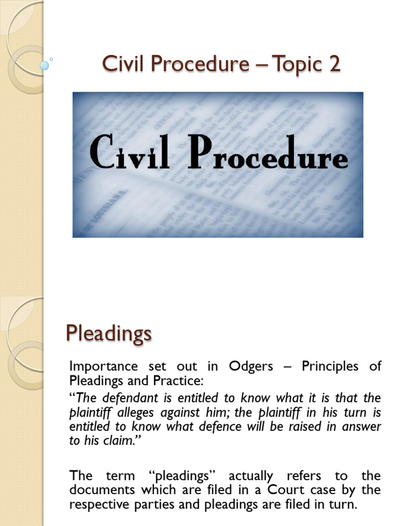 Civil Procedure - Topic 2 - Pleadings | PDF | Pleading | Summons