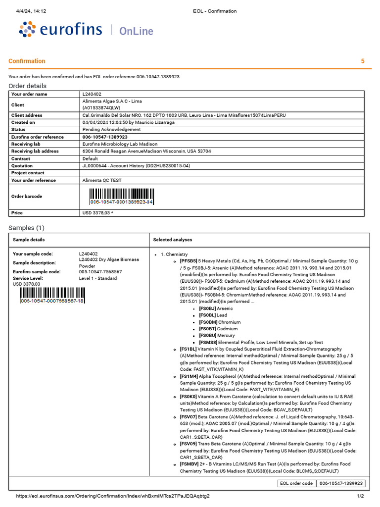 EOL - Confirmation | PDF | Vitamin E | Chemistry