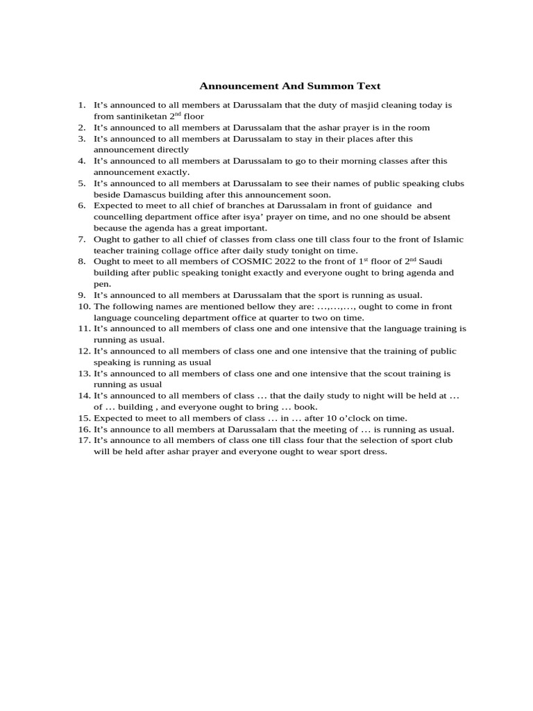 Announcement and Summon Text | PDF