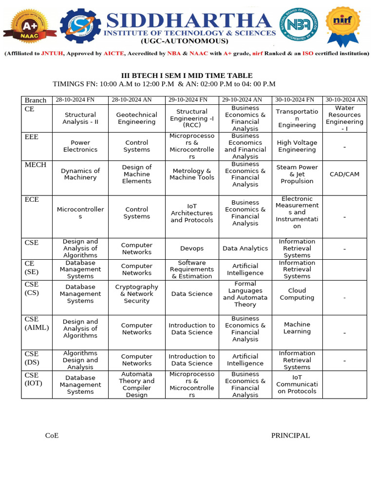 BTech I Sem I Mid Exam Timetable 2024 | PDF | Engineering | Computer Engineering