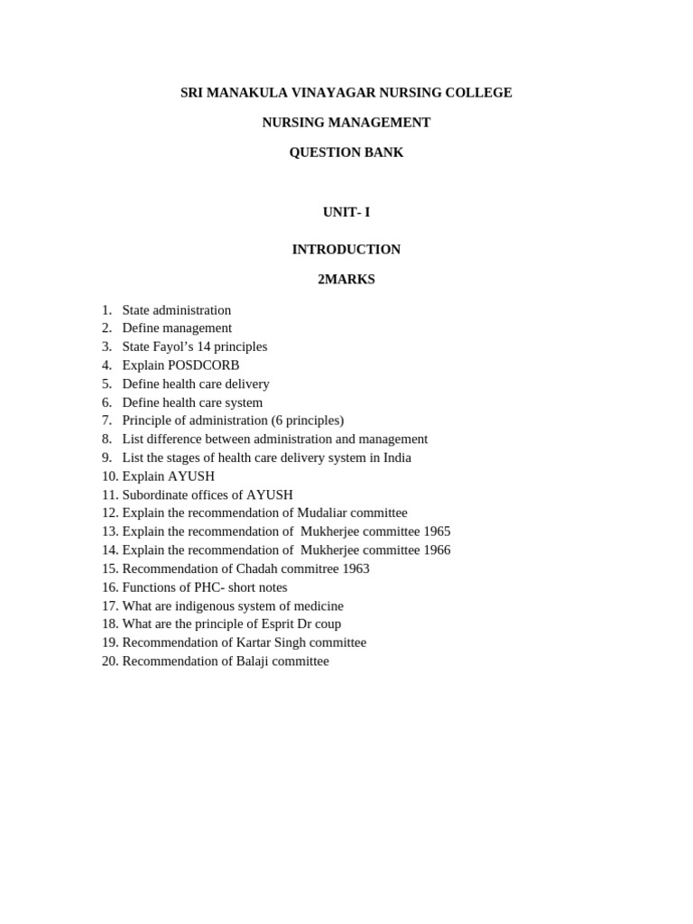 2 Mark Questions Management | PDF | Health Informatics | Nursing