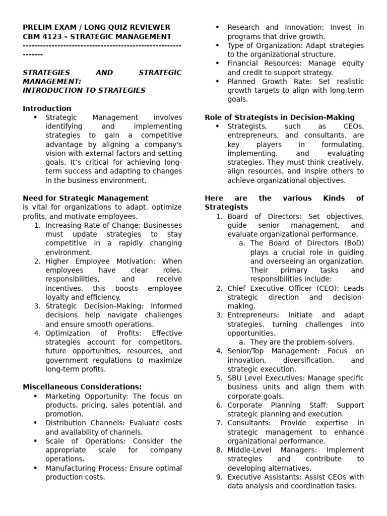 Prelim Exam & Long Quiz Reviewer - Strategic Management | PDF ...