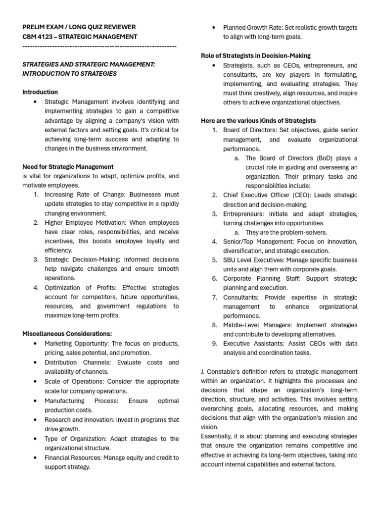 Strategic Management Exam Reviewer | PDF | Strategic Management | Goal