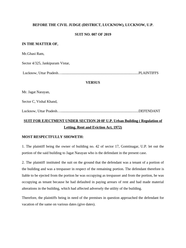 Plaint & Written Statement | PDF | Lawsuit | Leasehold Estate