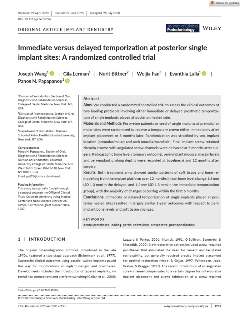J Clinic Periodontology - 2020 - Wang - Immediate Versus Delayed ...