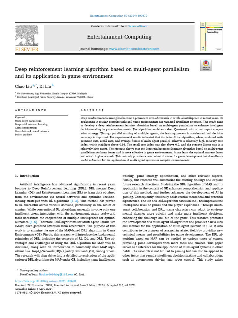 Deep Reinforcement Learning Algorithm Based On Multi Agent Parallelism And Its Application In