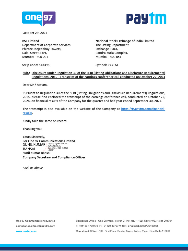 Paytm - Concall Transcript Sept Quarter | PDF | Loans | Financial Services