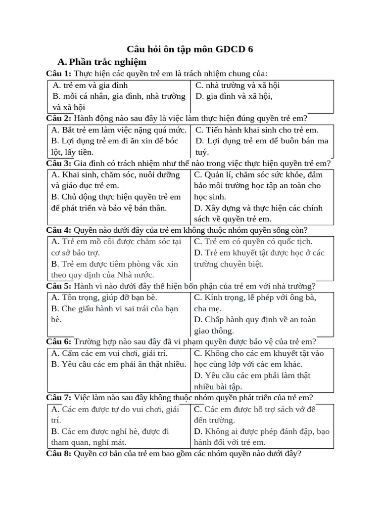 Câu hỏi ôn tập môn GDCD 6 | PDF