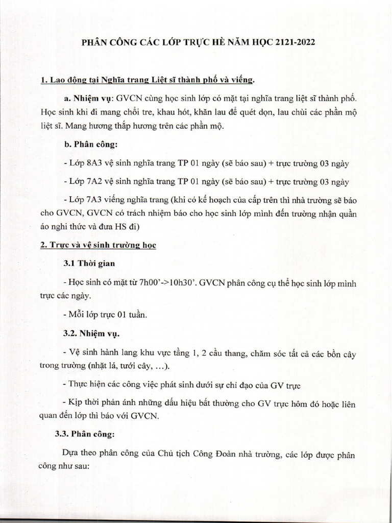 2122 Phân Công TR C Hè | PDF