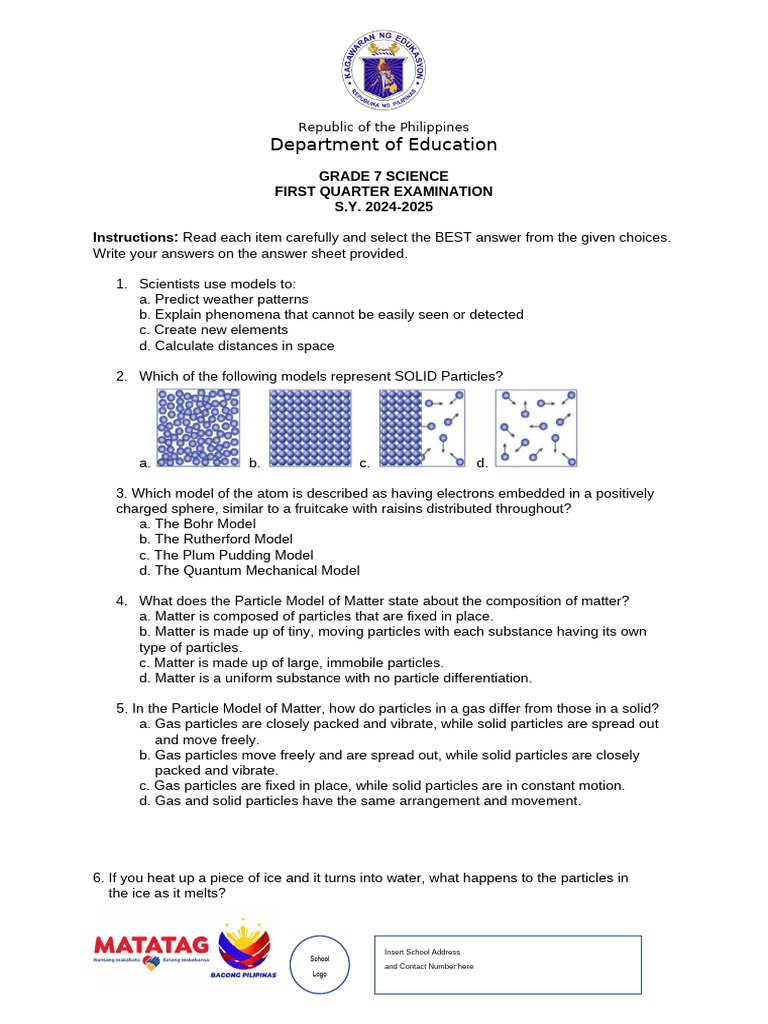 1-Science7 q1 Exam | PDF | Gases | Water