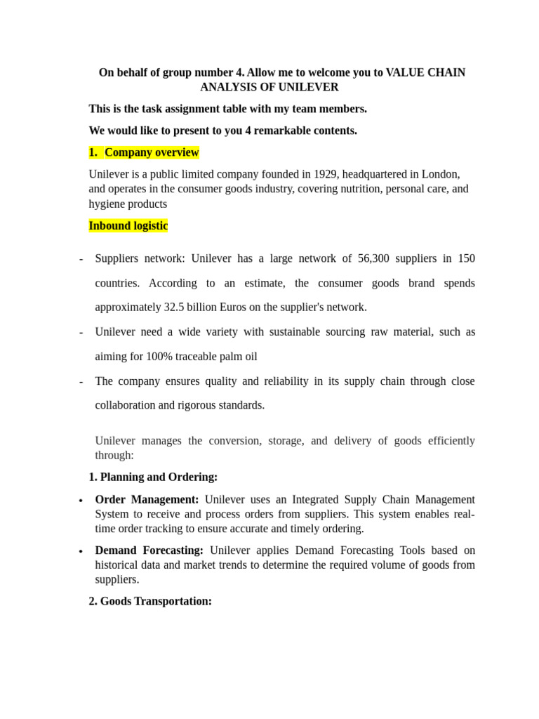 Value Chain Analysis of Unilever | PDF | Logistics | Supply Chain