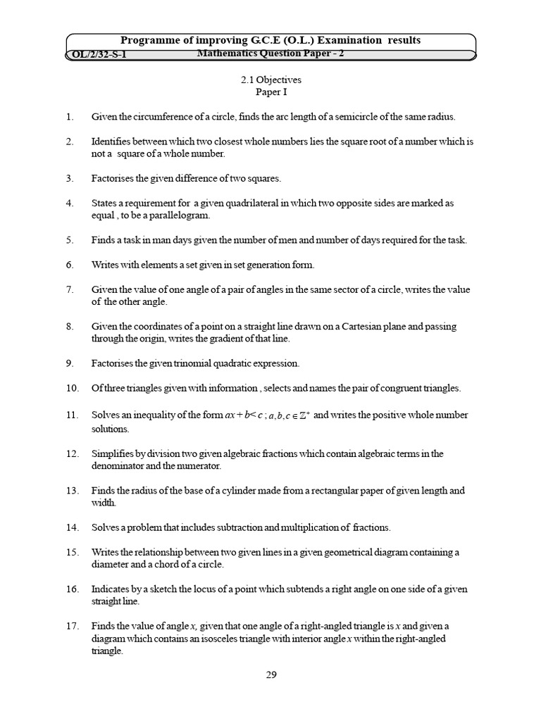 Gce Ordinary Level Exam 2016 Mathematics Model Papers 02 National Institute of Education ...