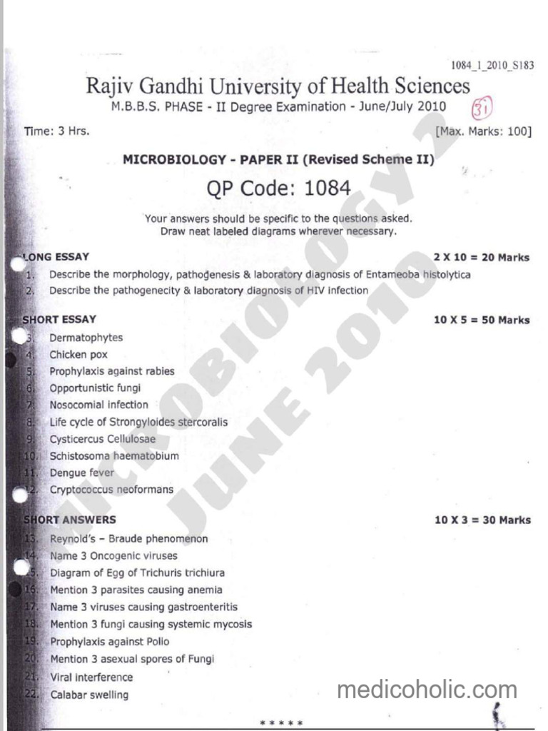 2nd Year MBBS Question Paper RGUHS Microbiology Paper 2 | PDF