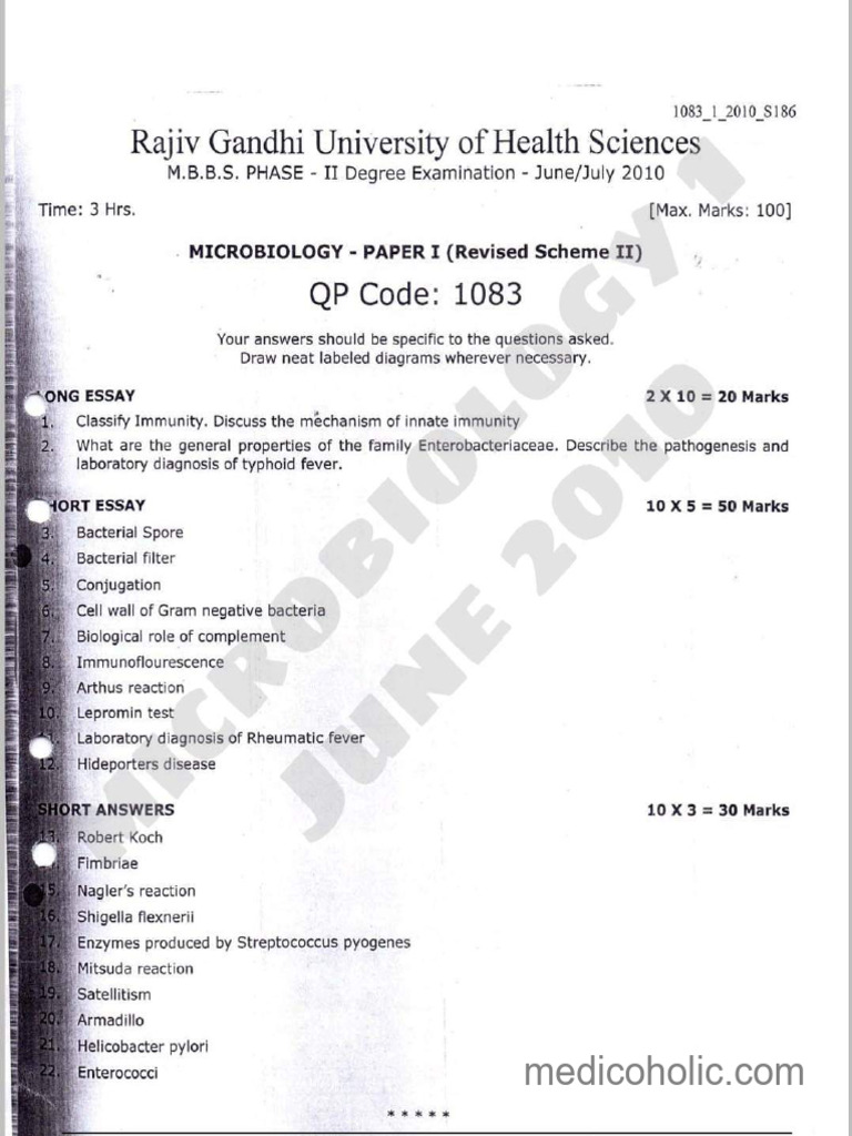 2nd Year MBBS Question Paper RGUHS Microbiology Paper 1 | PDF