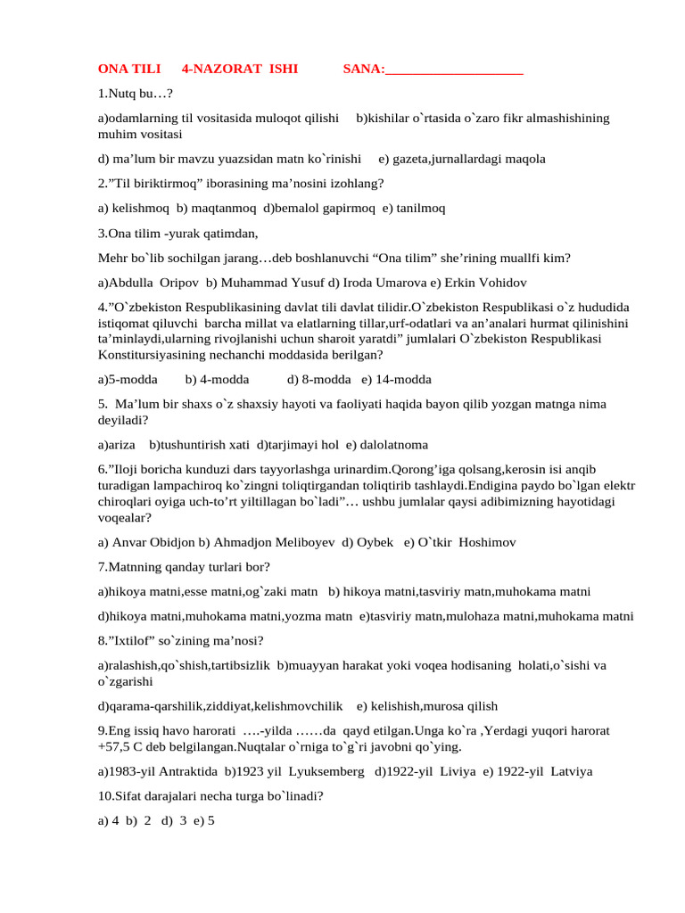 6-Sinf Ona Tili Test | PDF