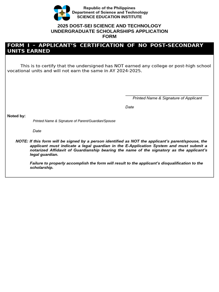 DOST-SEI 2025 Scholarship Application Form | PDF