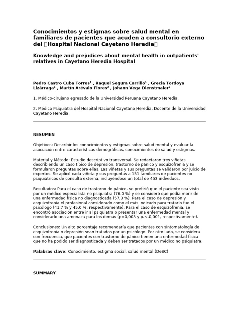 Conocimientos y Estigmas Sobre Salud Mental en Familiares de Pacientes ...