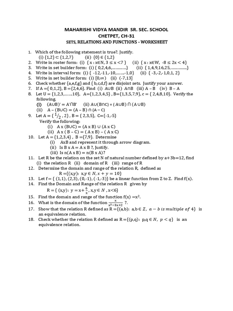 Class 11 Applied Maths Worksheet: Sets & Functions | PDF