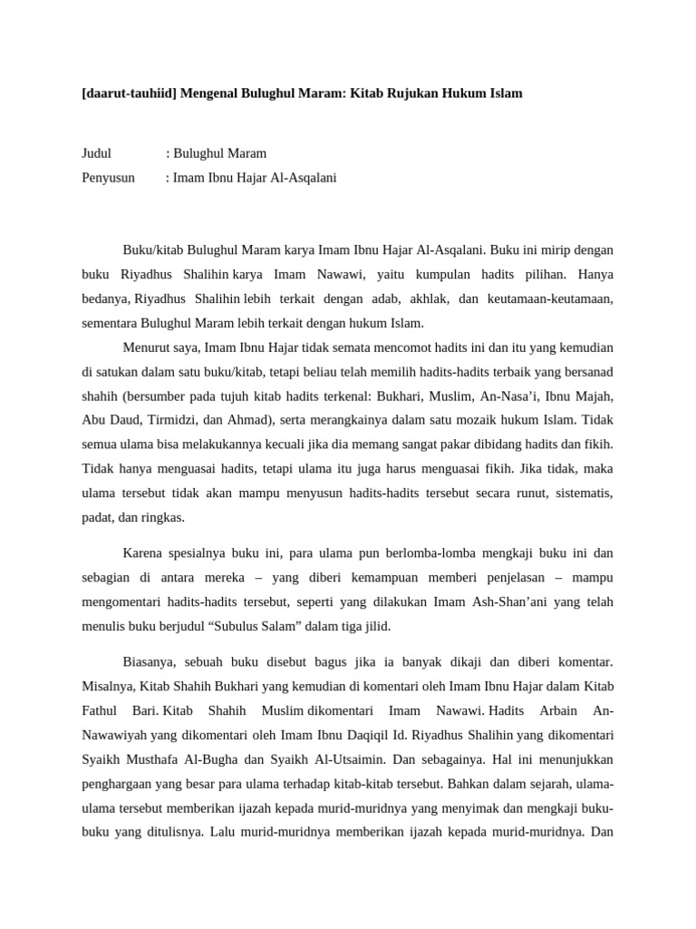 Mengenal Bulughul Maram N Riyadhus Shalihin | PDF